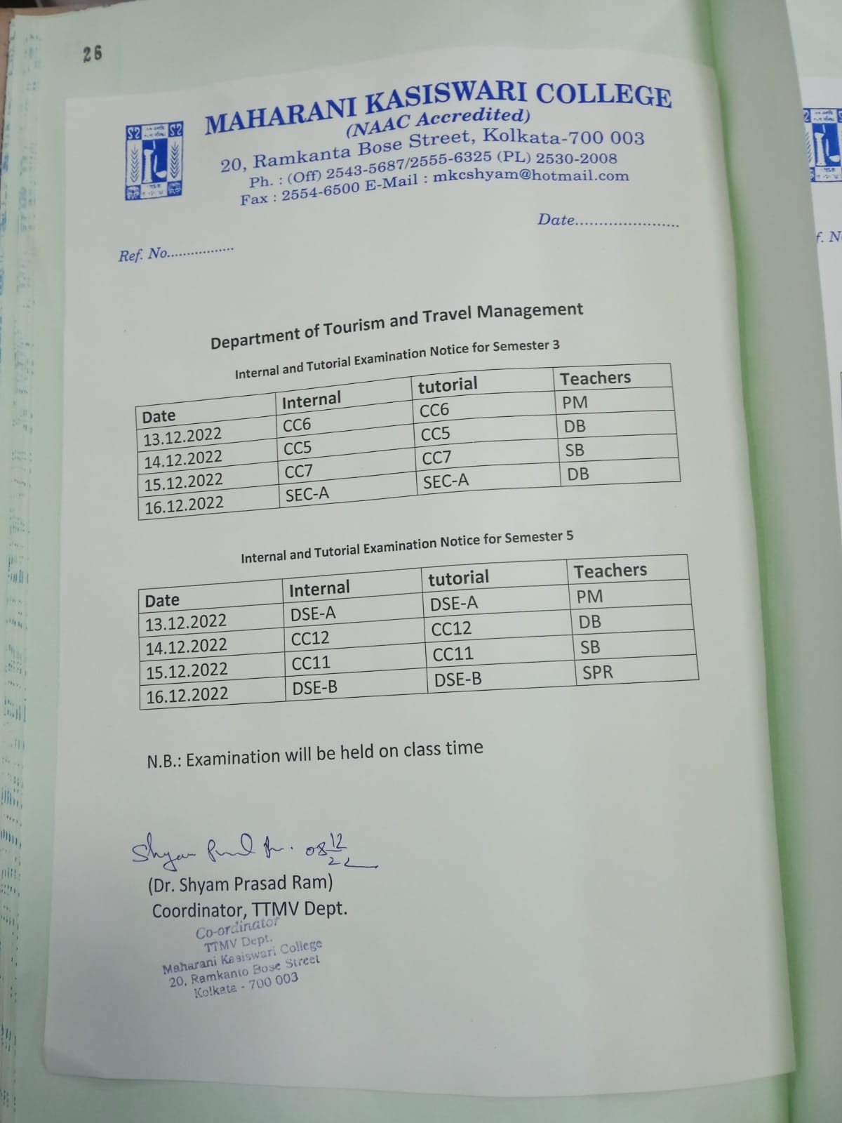 TTMV tutorial & internal exam - Maharani Kasiswari College