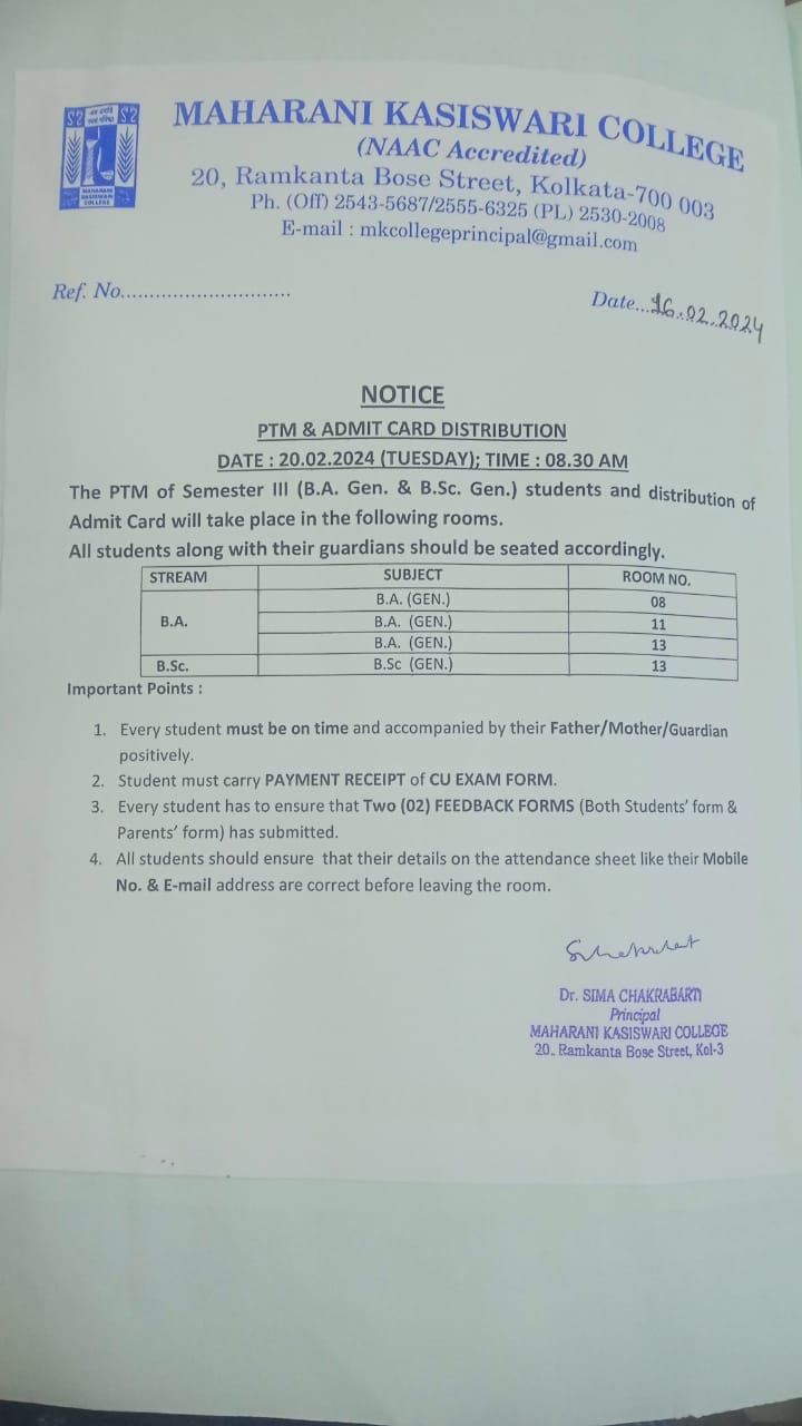 PTM & Admit card distribution - Maharani Kasiswari College