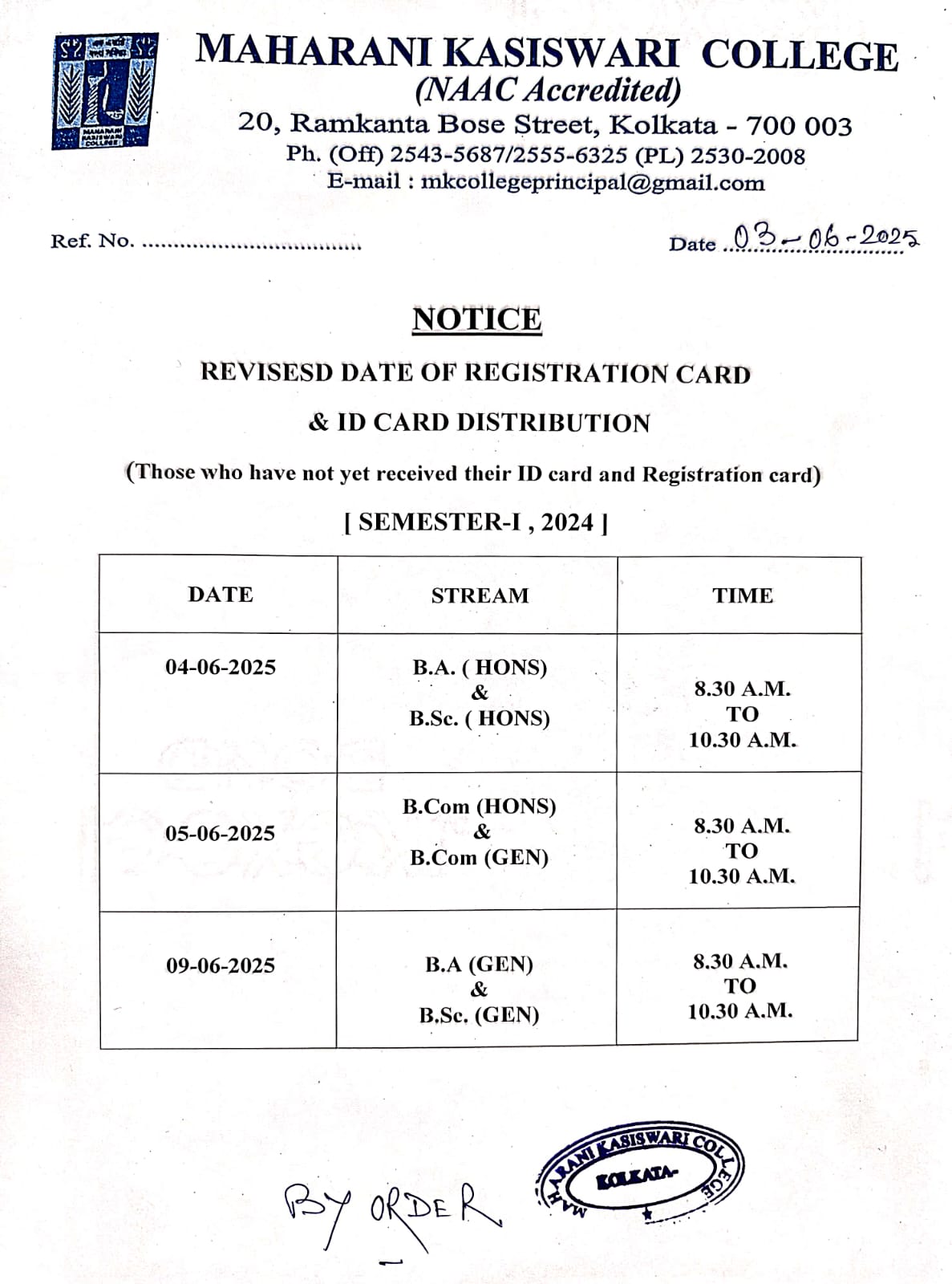 Revised Date of Registration Card & ID Card Distribution - Maharani ...