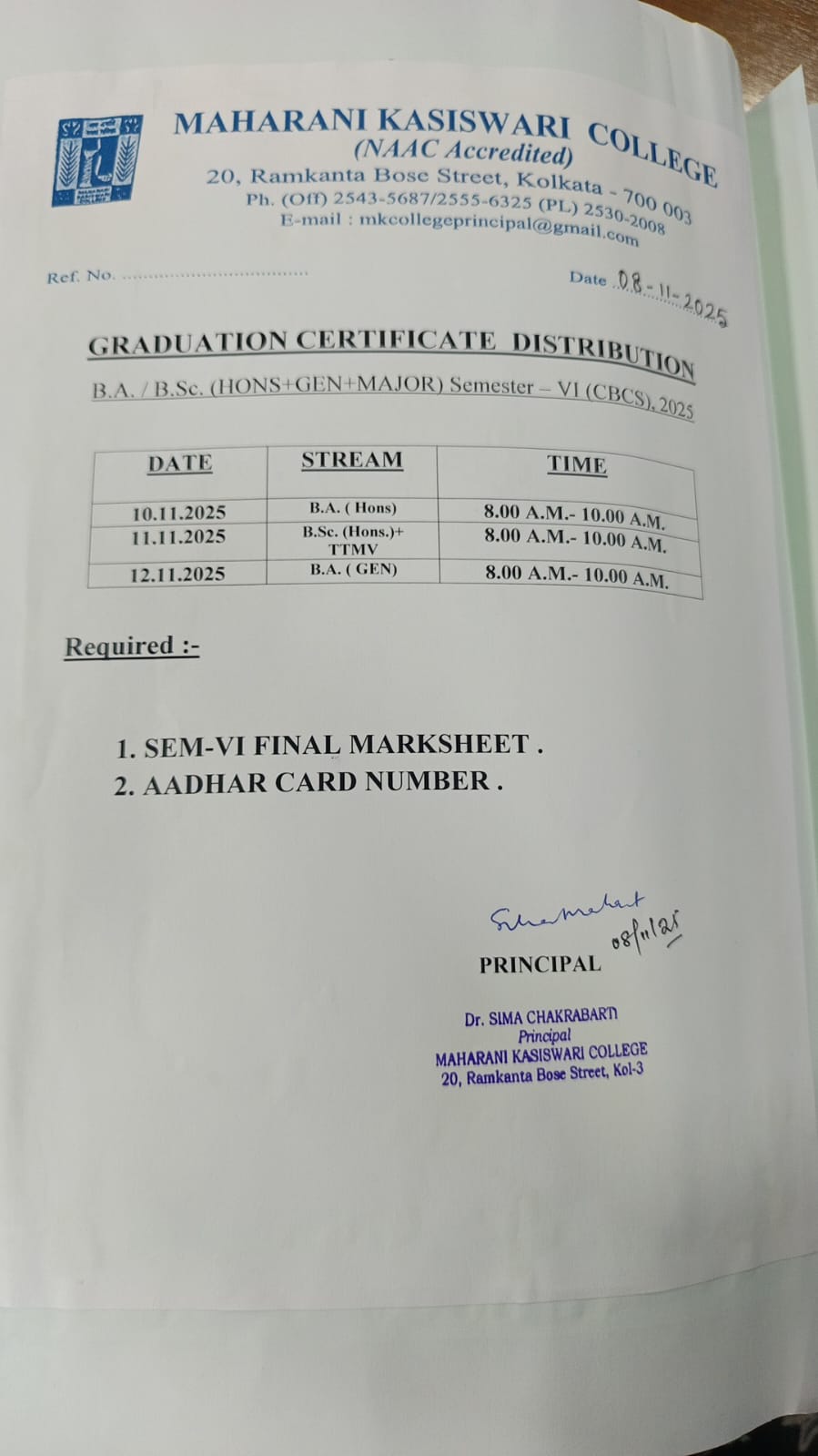 Graduation Certificate Distribution: B.A/B.Sc (Hons+Gen+Major): Sem 4 ...