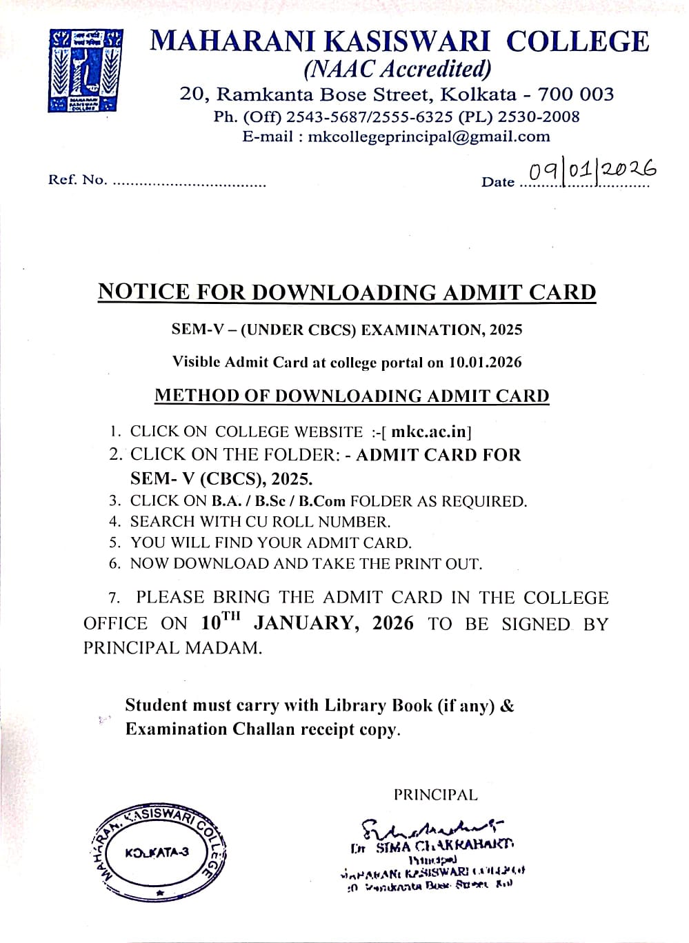 Admit Card Download for Sem 5 (CBCS) Students - Maharani Kasiswari College
