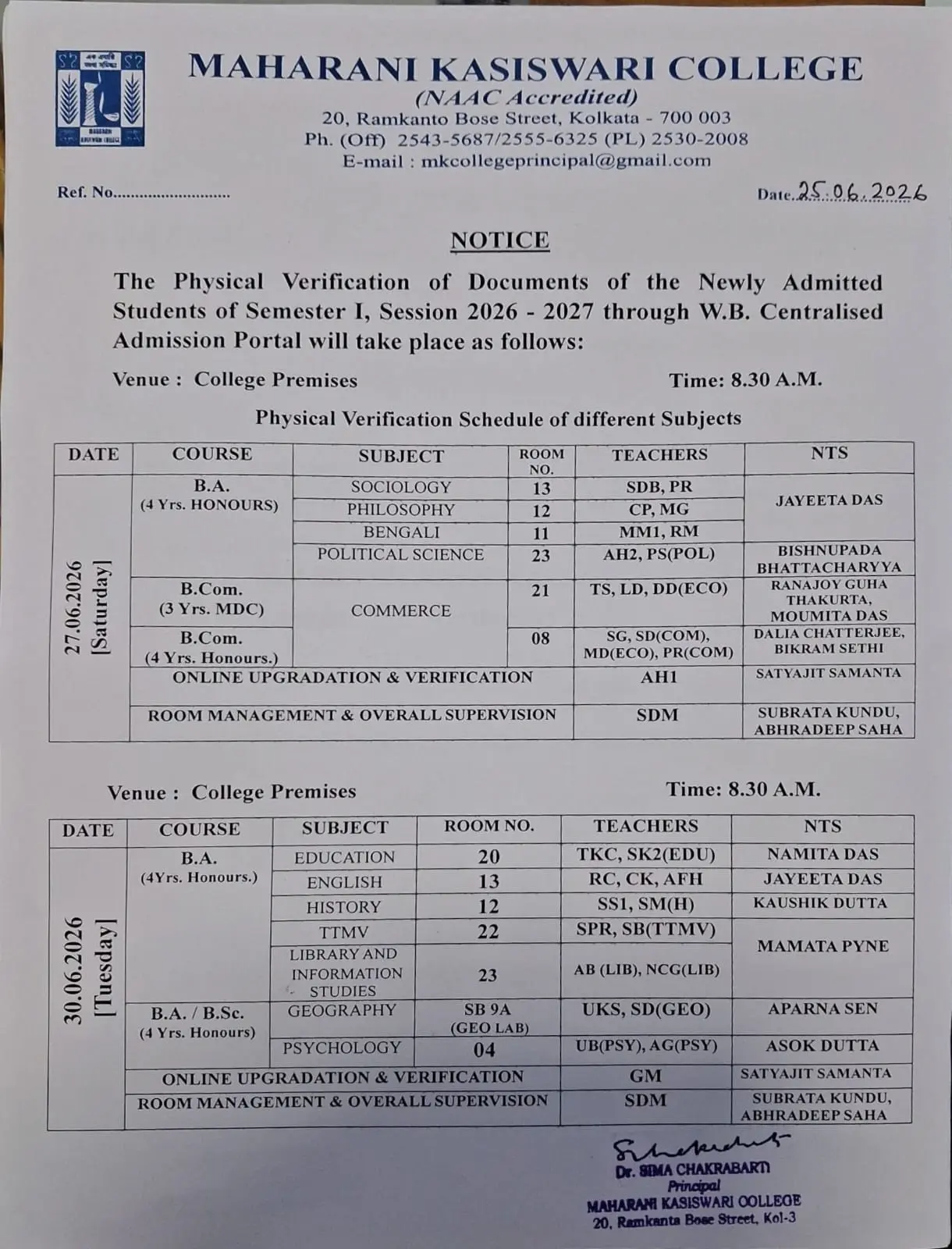Physical Verification Schedule for New Students (WBCAP 2026) - Maharani ...