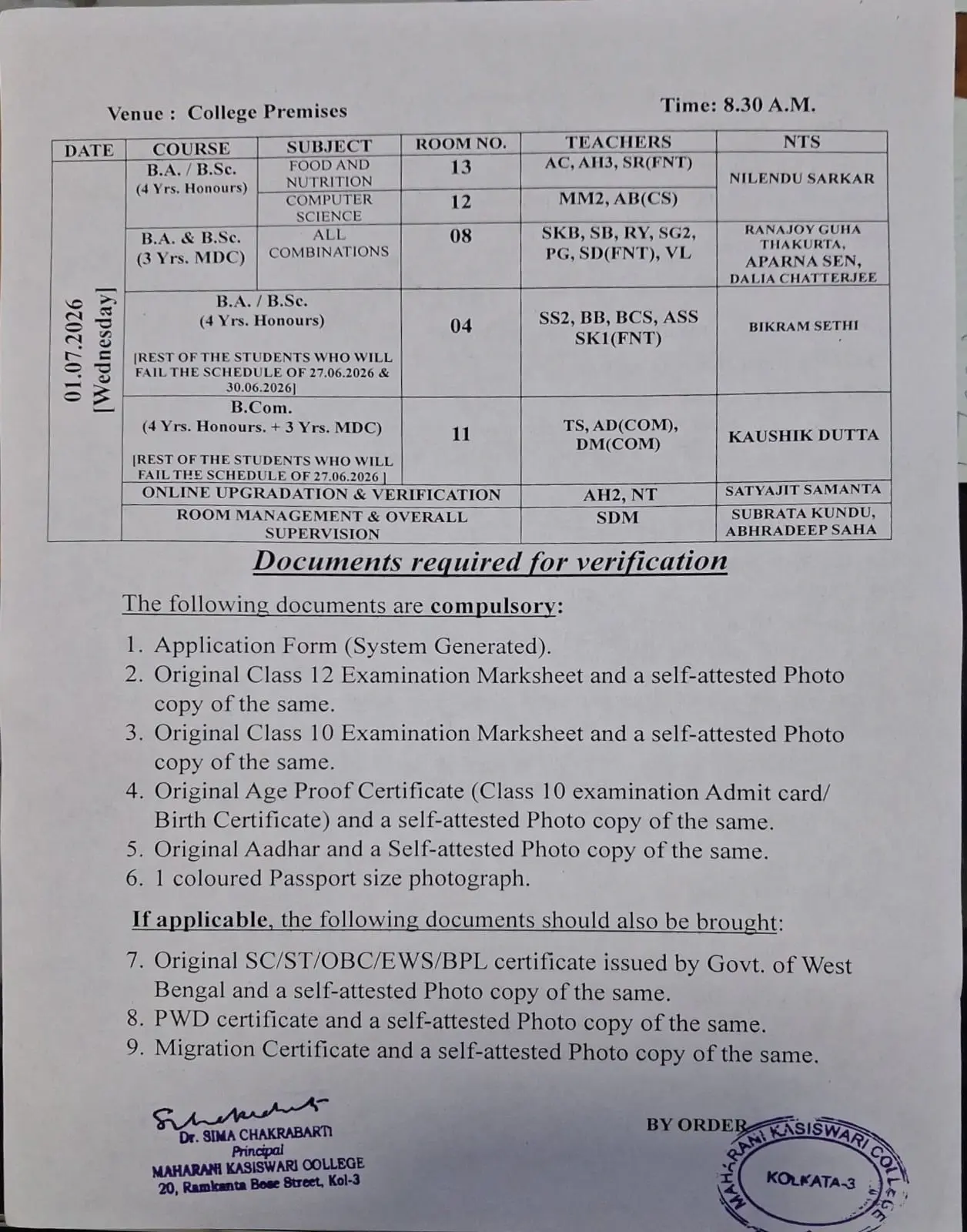 Physical Verification Schedule for New Students (WBCAP 2026) - Maharani ...
